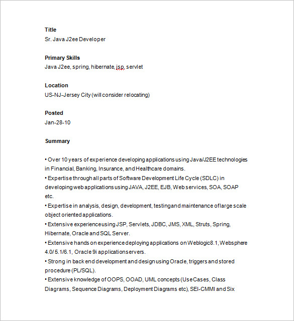 Java Developer Resume Template - 17+ Samples, Examples, Format Download!