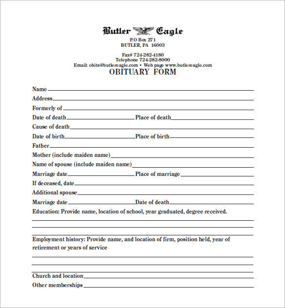 Fill In The Blank Obituary Template