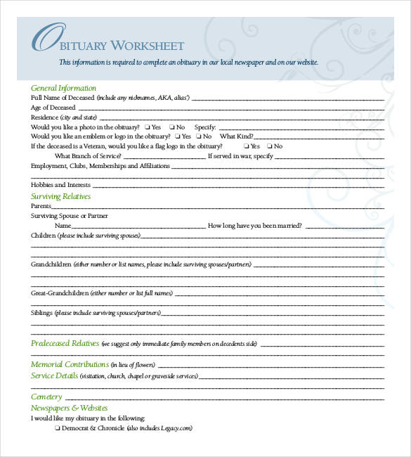 Great Printable Obituary Template Fill In The Blank Obituary Template 