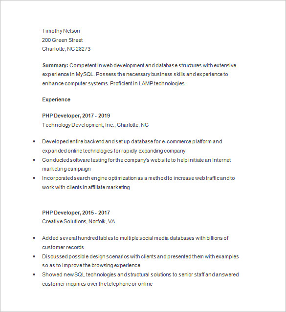 24+ PHP Developer Resume Templates - DOC, PDF | Free & Premium Templates