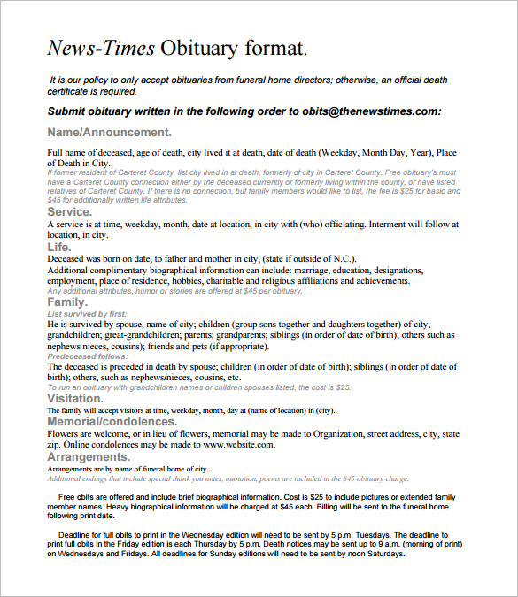6 Newspaper Obituary Templates DOC PDF