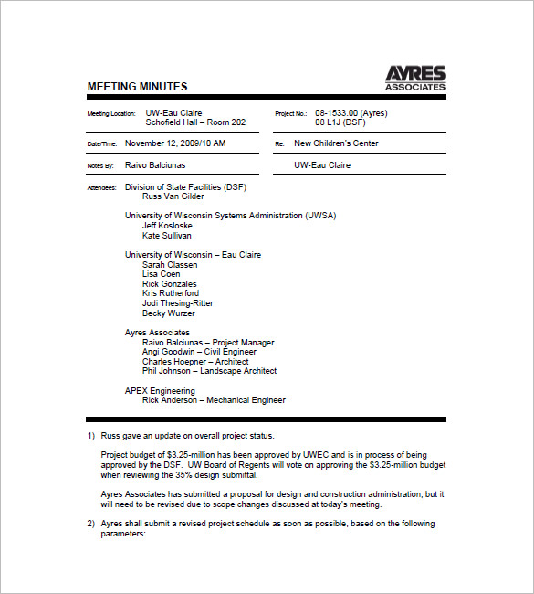 Project Meeting Minutes Template - 12+ Sample Word, Apple Pages, Google ...