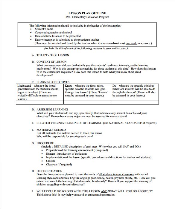 9 Lesson Plan Outline Templates DOC PDF