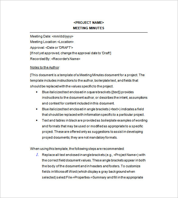 Project Meeting Minutes Template - 12+ Sample Word, Apple Pages, Google ...
