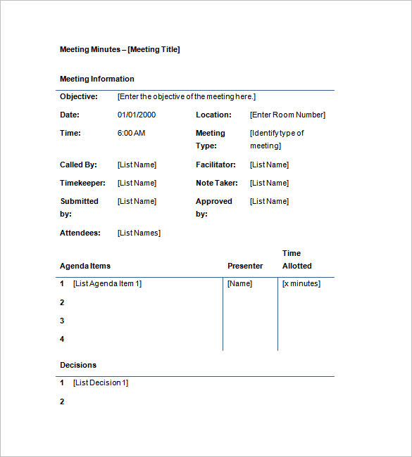 Free Meeting Minutes Templates - 11+ Free Word, Excel, PDF Download