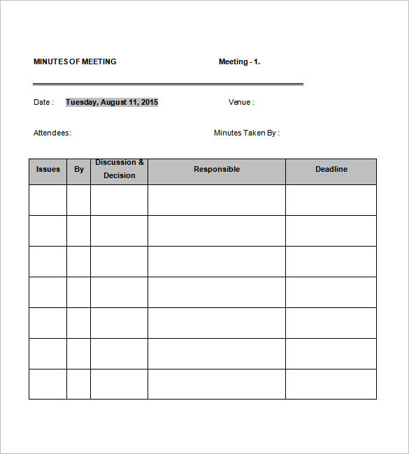 Minute Meeting Template Free
