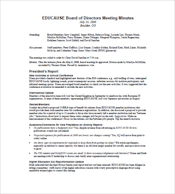 Board of Directors Meeting Minutes Template -19+ Word, Excel, PDF ...