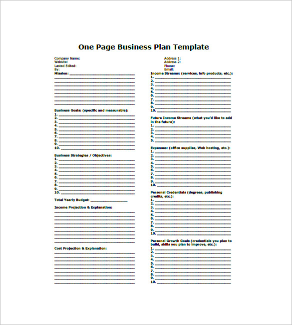 One Page Business Plan Template 12 Free Word Excel PDF Format Download