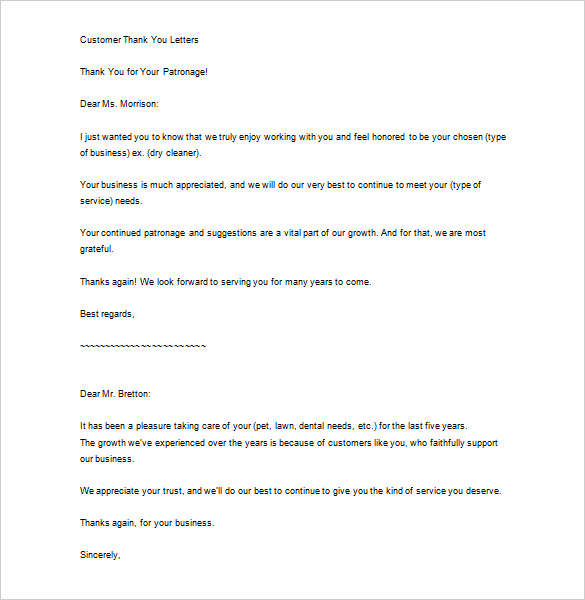 Sample Business Thank You Letter 11 Free Sample Example Format