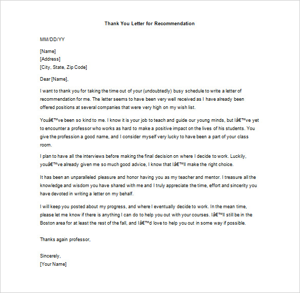 8 Thank You Letter For Recommendation PDF DOC
