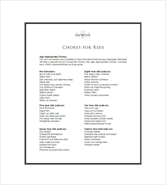Chore List Template - 10+ Free Word, Excel, PDF Format Download