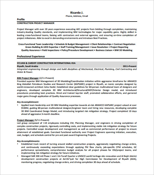 Project Manager Resume Template 10 Free Word Excel PDF Format 