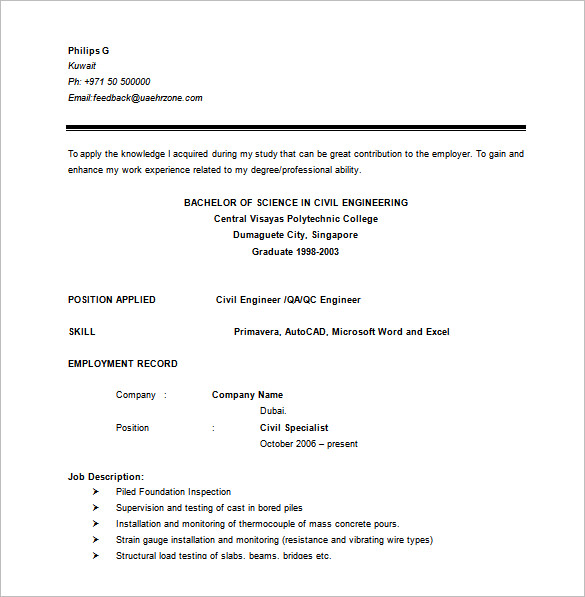 Free 9+ Civil Engineer Resume Templates, PDF, DOC