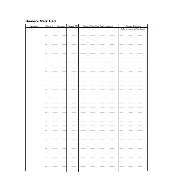 Shot List Template 12 Free Sample Example Format