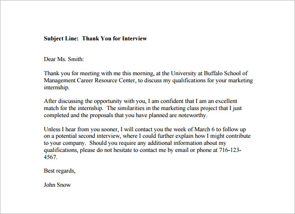 Thank You Letter After Internal Interview Email Sample 