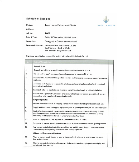 Snag List Template 8 Free Sample Example Format Download 