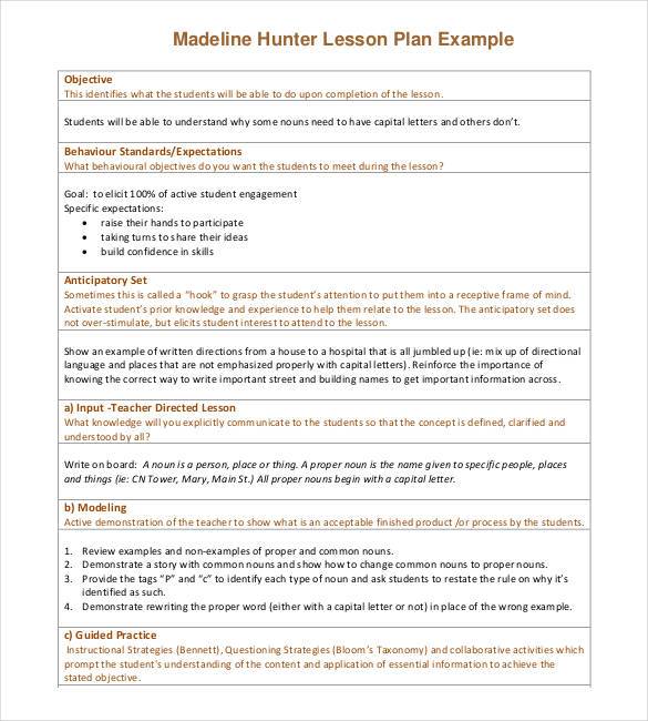 Madeline Hunter Lesson Plan Blank Template