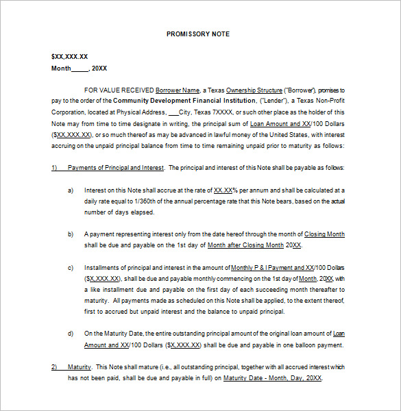 Promissory Note Template Texas
