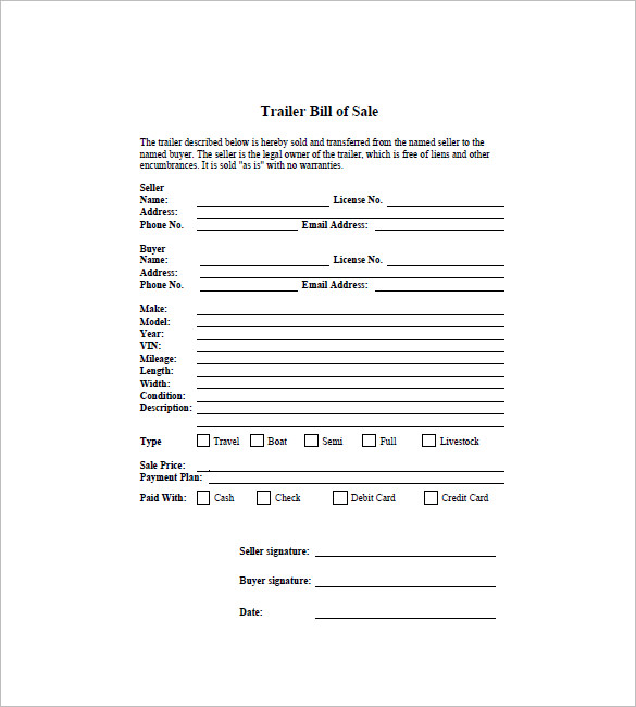Trailer Bill Of Sale 9 Free Sample Example Format Download Free Premium Templates