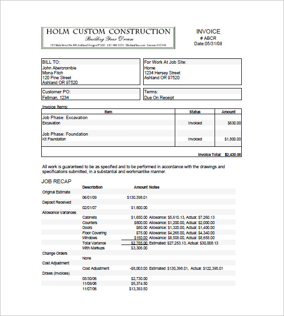 Construction Invoice Template - 18+ Free Word, Excel, PDF Format Download