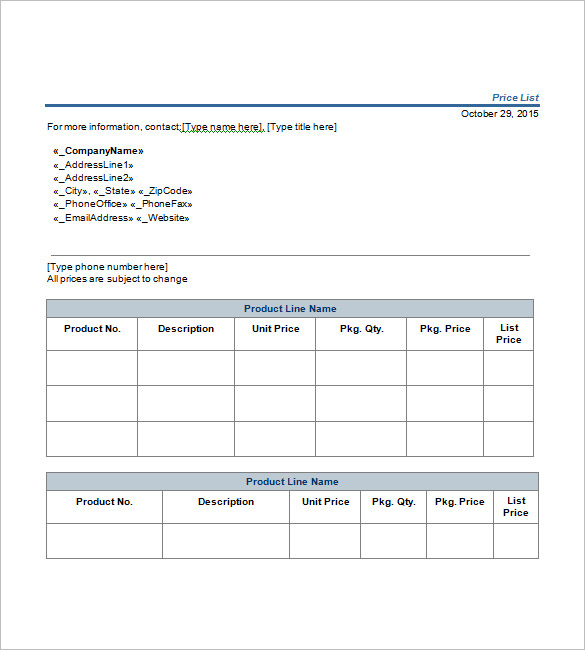 Price List Template 9 Free Sample Example Format Download 