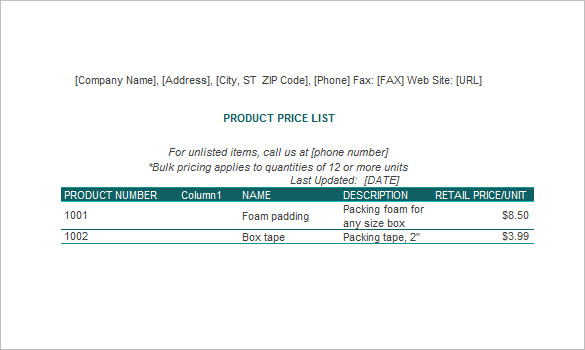 Price List Template - 9+ Free Word, Excel, PDF Format Download