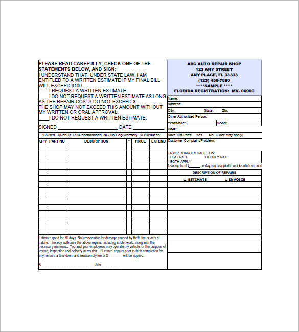 Free Auto Repair Invoice Template Excel