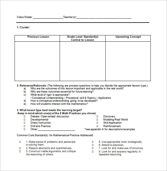 Common Core Lesson Plan Template 8 Free Word Excel PDF Format 