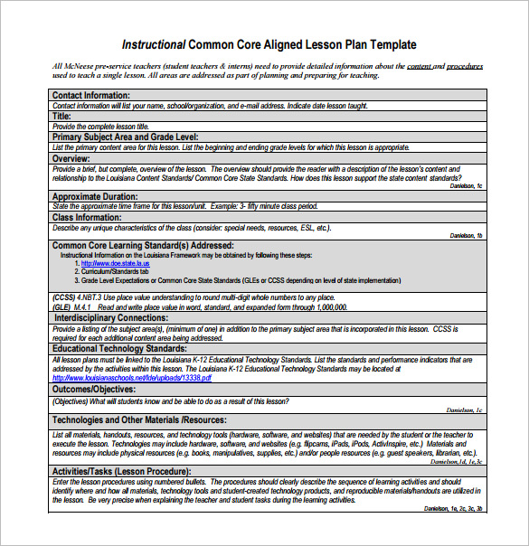 9+ Common Core Lesson Plan Template - PDF, DOC