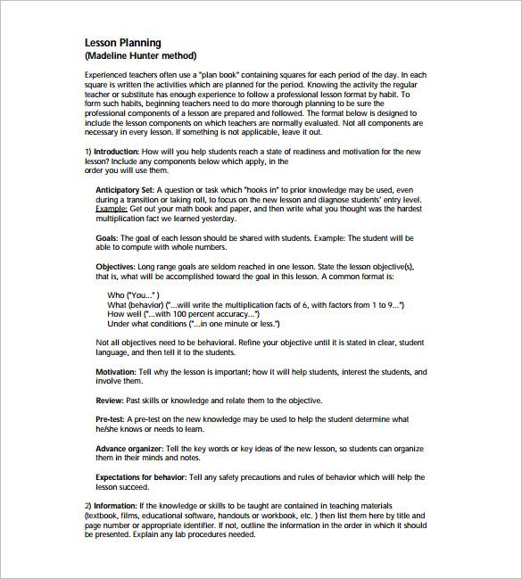Madeline Hunter Lesson Plan Template 6 Free Sample Example Format Madeline Hunter Lesson Plan Template 6 Free Sample Example Format