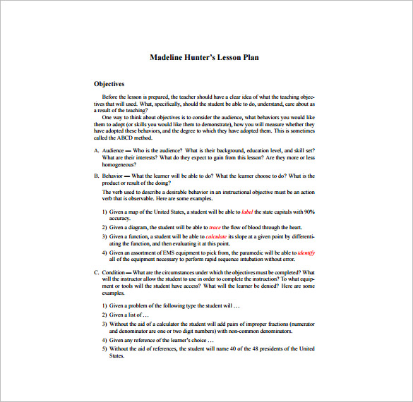 6+ Madeline Hunter Lesson Plan Templates - DOC, Excel, PDF | Free ...