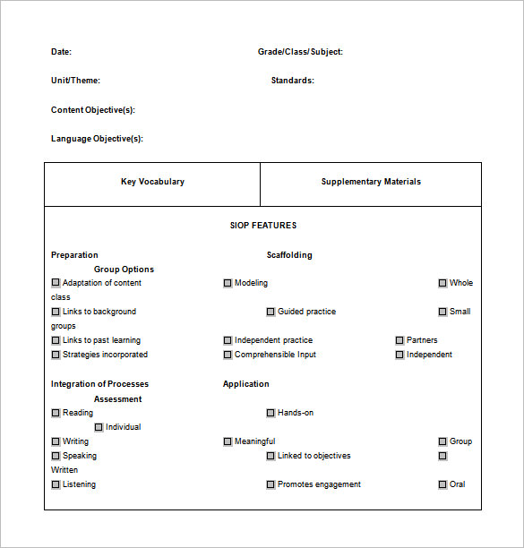 10 Siop Lesson Plan Templates DOC Excel PDF