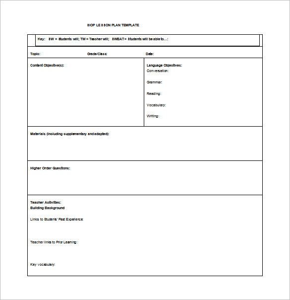 Siop Lesson Plan Template