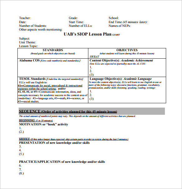 10 Siop Lesson Plan Templates DOC Excel PDF