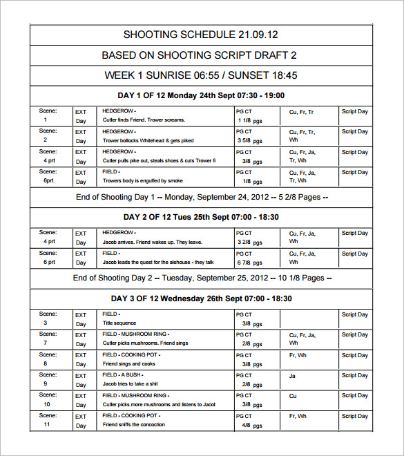 11 Film Shooting Schedule Templates PDF DOC