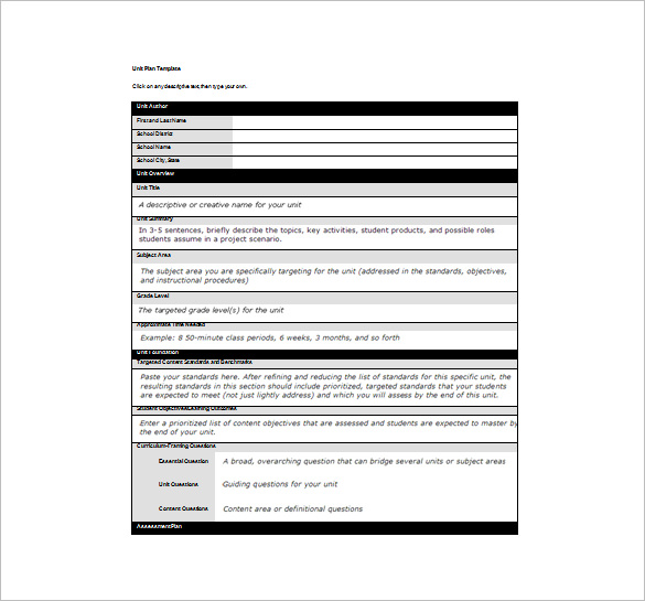 Sample Example Format Templates 14 Thematic Unit Lesson Plan Template
