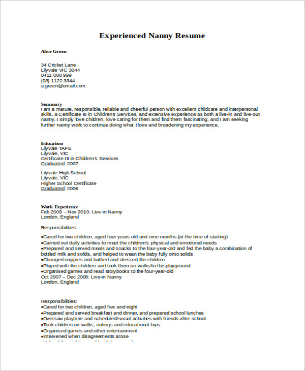 10+ Nanny Resume Templates - PDF, DOC