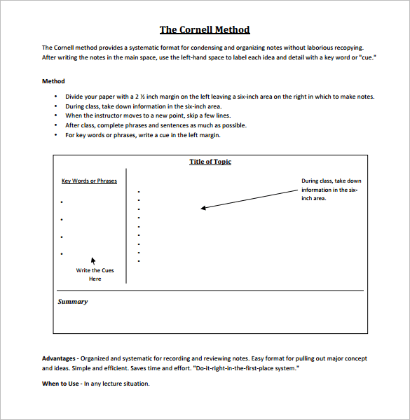 Cornell Notes Template - 29+ Word, PDF Format Download
