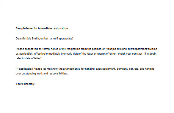 9 Sample Immediate Resignation Letter Templates PDF DOC