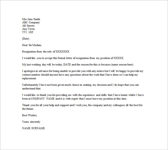 Resignation Email Format With Notice Period Sample Resignation Letter