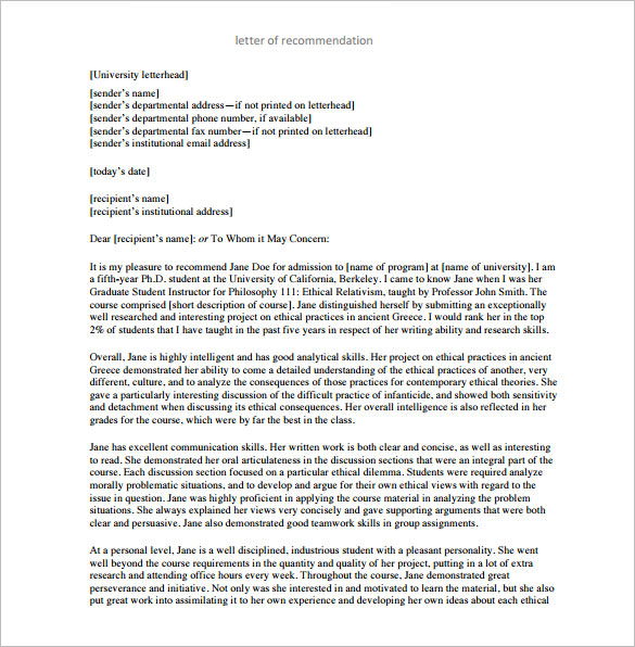 Letter of Recommendation for Graduate School – 19+ Free Word, Excel ...