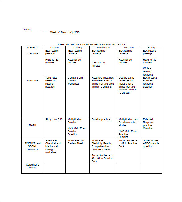 Homework Agenda Template 8 Free Word Excel PDF Format Download