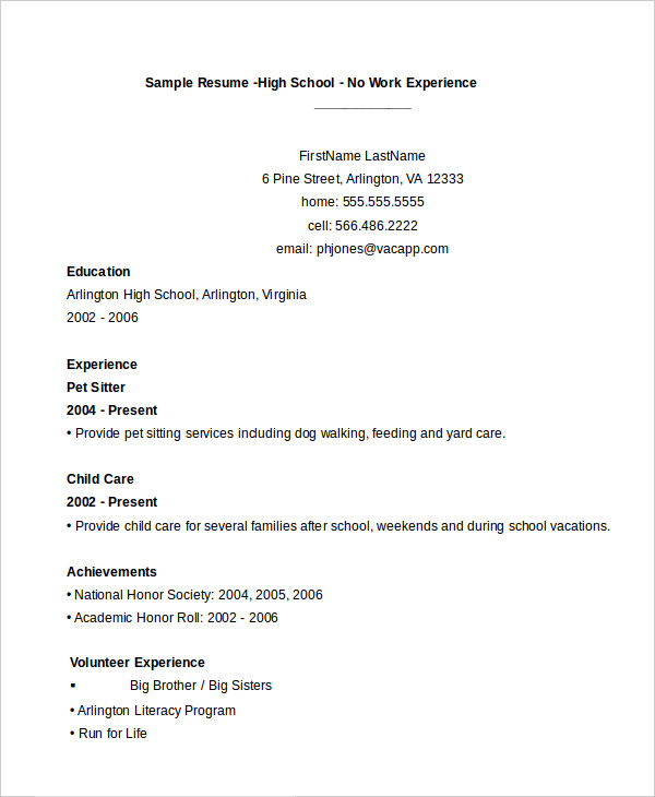 Sample Resume For Highschool Students With No Work Experience
