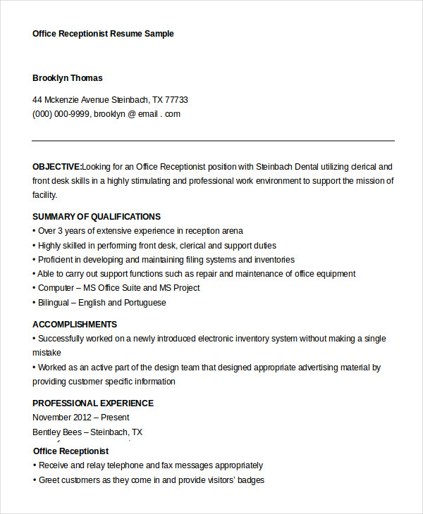 10+ Receptionist Resume Templates - PDF, DOC