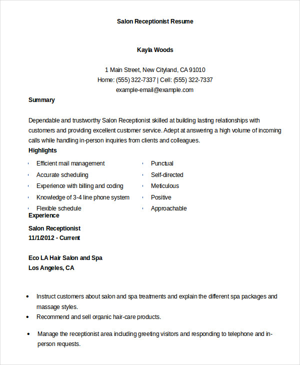 10+ Receptionist Resume Templates - Pdf, Doc