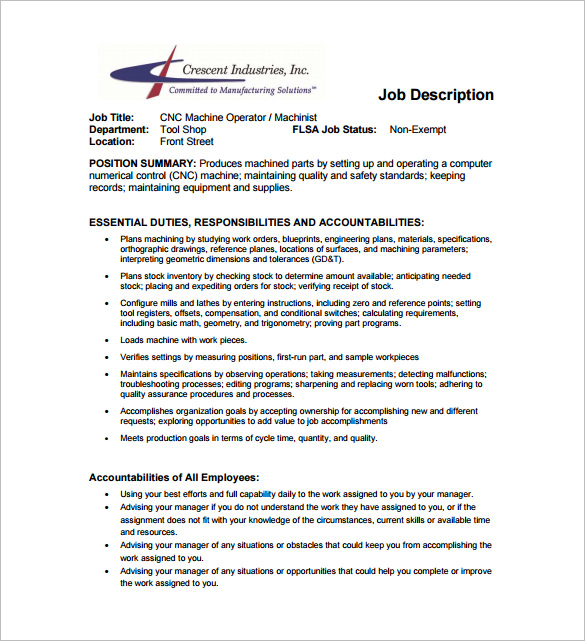 Machine Operator Job Description Templates 11 Free Sample Example 