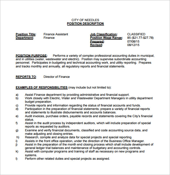 Financial Assistant Job Description Template 9 Free Word PDF Format Financial Assistant Job Description Template 9 Free Word PDF Format