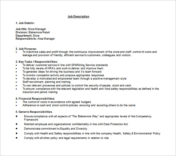 Store Manager Job Description Template 7 Free Word PDF Format Download 