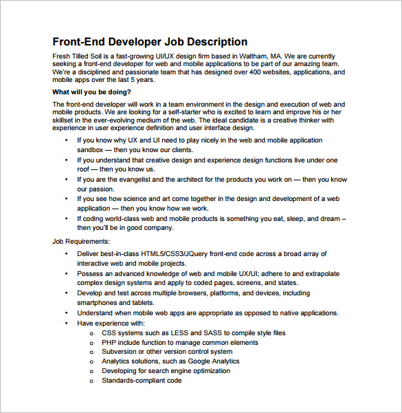 Web Developer Job Description Template 9 Free Word PDF Format Download 