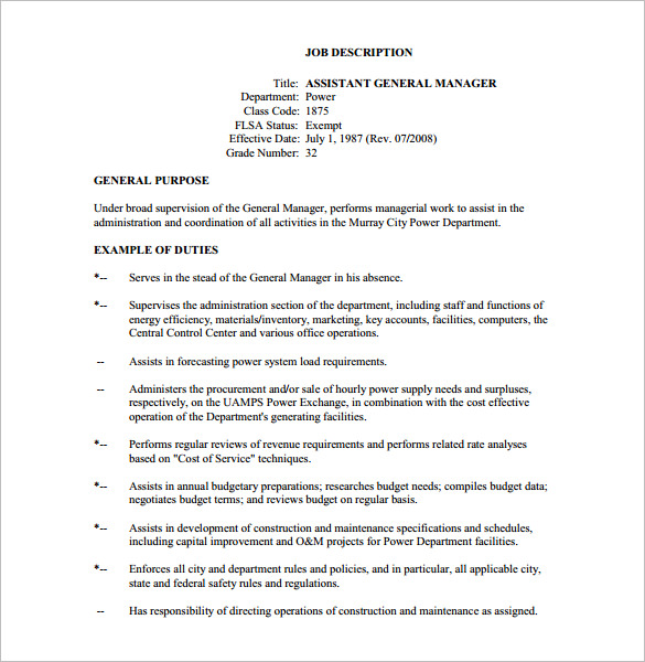 General Manager Job Description Template 9 Free Word PDF Format 